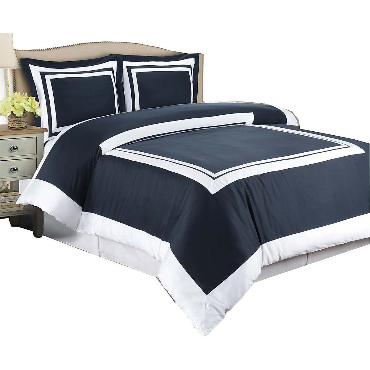 sheetsnthings Hotel 300-Thread-Count, 100-Percent Cotton Twin-Twin Extra Long XL 2PC Duvet Cover Set, Navy with White Trim