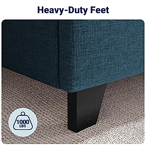 Allewie King Size Platform Bed Frame with Wingback, Upholstered Square Stitched Headboard and Wooden Slats, Mattress Foundation, Box Spring Optional, Easy Assembly, Dark Blue