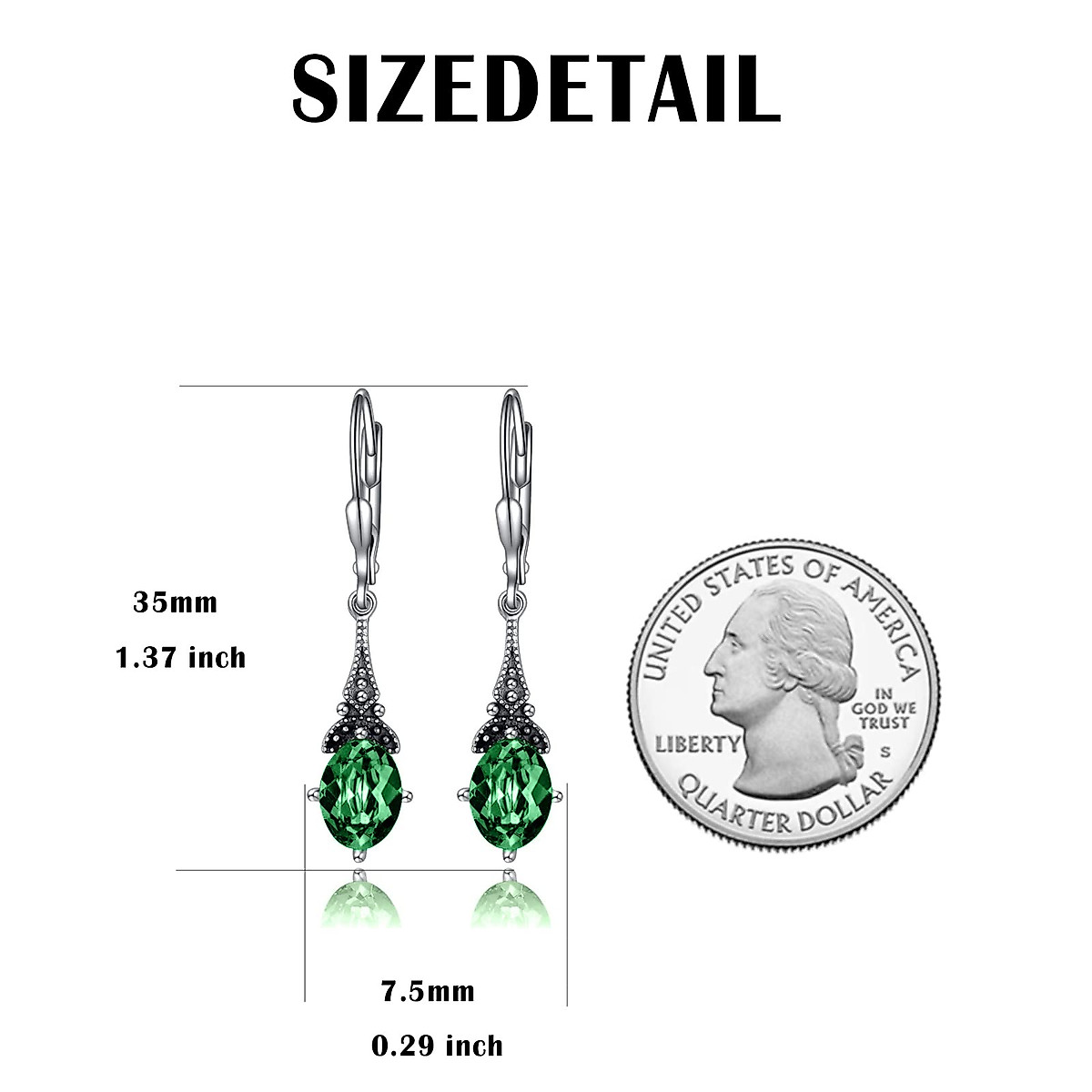 Vintage Leverback Emerald Green May Birthstone Earrings Sterling Silver Retro Drop Dangle Earrings with Oval Crystal from Austria, Birthday Christmas Jewelry Gifts for Women
