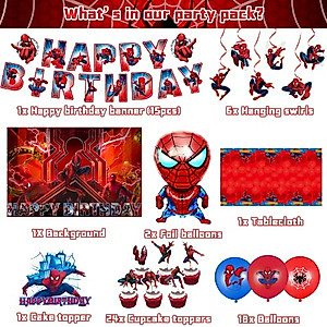 53 Pcs Spidey-men Birthday Decorations Party Supplies Include Happy Birthday Banners, Tablecloths, Cake Toppers ,Cupcake Toppers, Balloons, Hanging Swirls Superhero Birthday Party Supplies