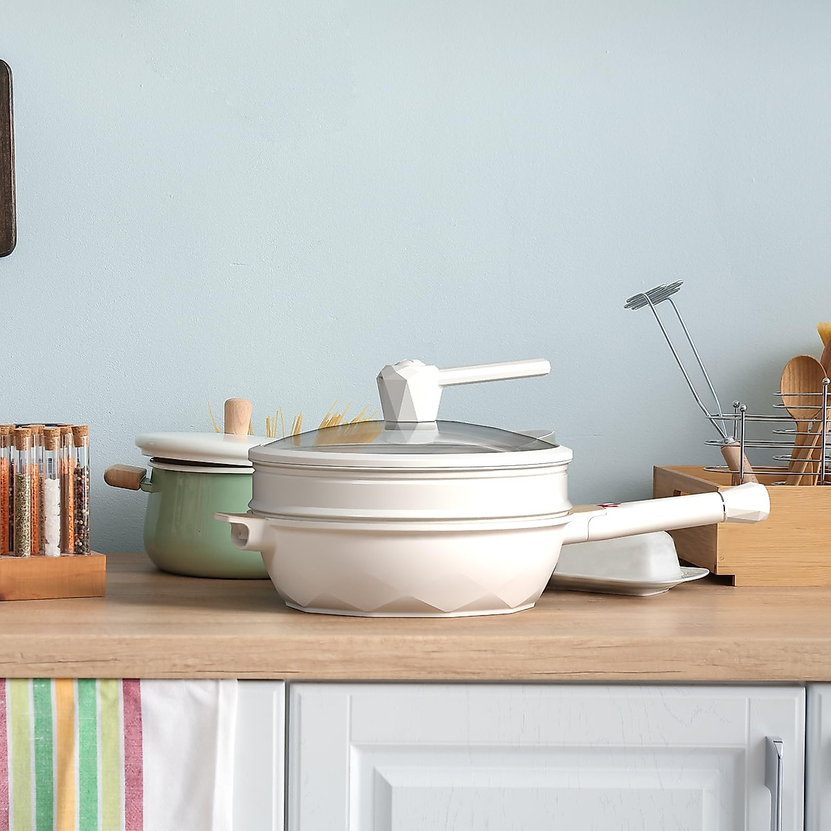 Tiborang 8 in 1 Frying Pans Nonstick,11" Frying Pan Skillet with Lid,Steamer for Cooking,All in One Pan Cookware for All Stoves,Woks & Stir-Fry Pans Nonstick,Saute Pan PFAS-Free/PFOA-Free(White)