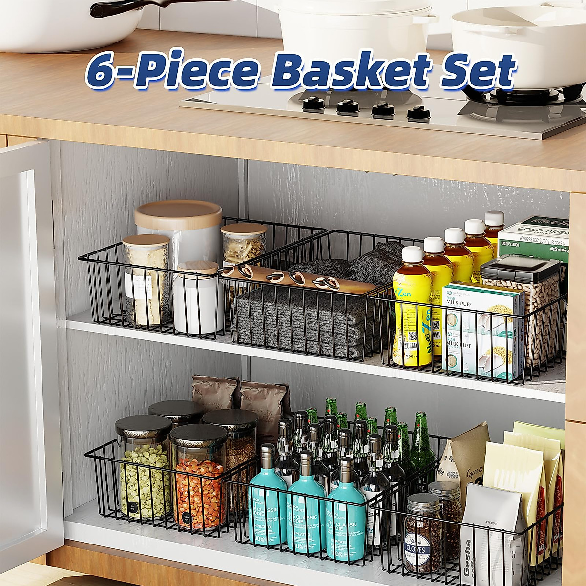 Simple Trending 6 Pack Large Wire Baskets for Organization, Metal Pantry Storage Baskets for Cabinet, Kitchen, Garage, Bathroom, Black