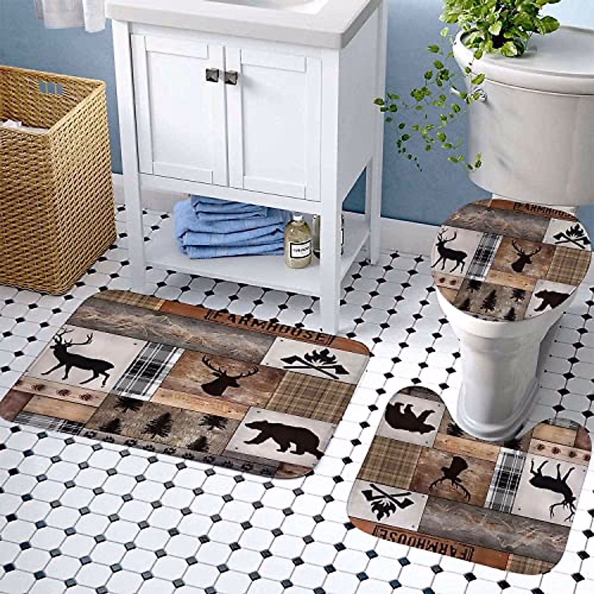 Dia Magico 4PCS Cabin Shower Curtain Set, Mountain Pine Tree Buffalo Plaid Bear Deer Elk Moose Forest Wildlife Woodland Animals Hunting Lodge Country Rustic Farmhouse Bathroom Decor, Non-slip Bath Mat