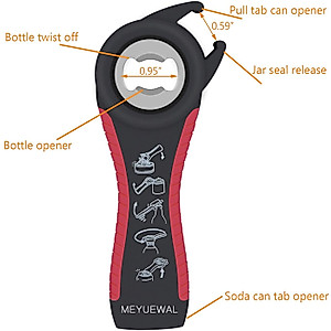 Jar Opener- Pad Rubber Jar Can Lid Opener, 5 in 1 Multi Function Can Opener Bottle Opener Kit with Silicone Handle Easy to Use for Children, Elderly and Arthritis Sufferers (JAR+D RED)