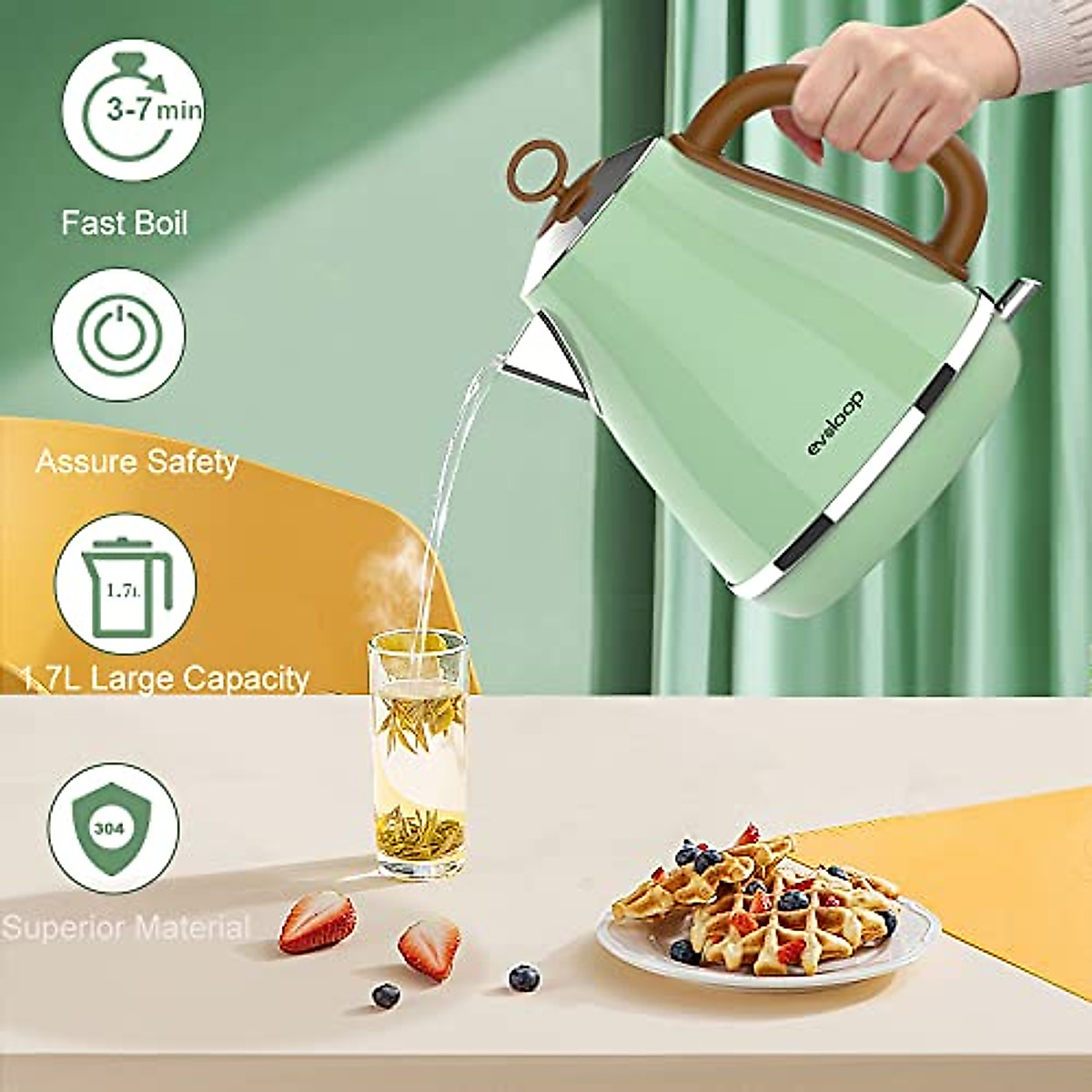 Evoloop 1.7L Electric Kettles, BPA Free Tea Kettle, Hot Water Boiler Heater, Stainless Steel Teapot, Auto Shut-Off & Boil-Dry Protection, 120V/1500W