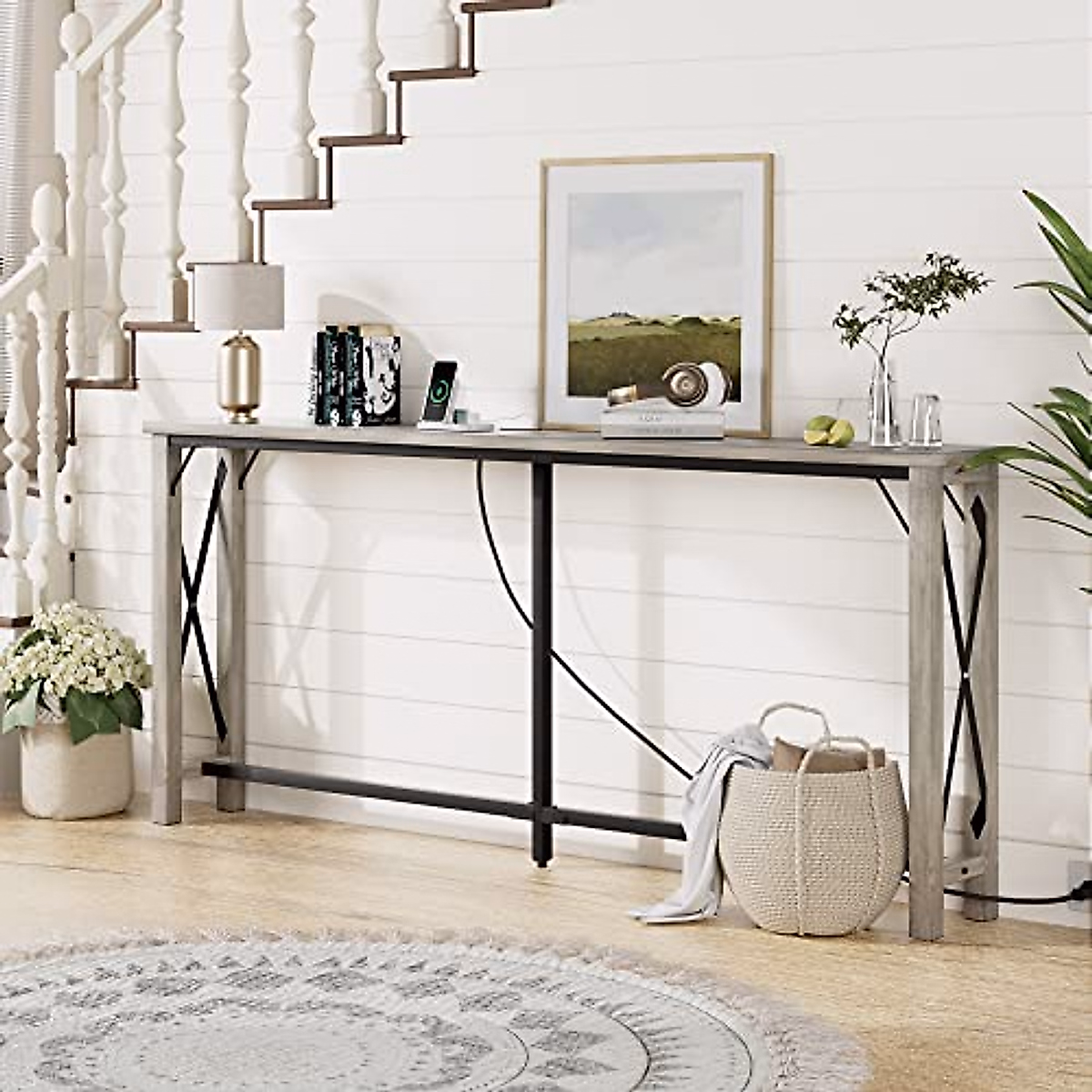 IDEALHOUSE Sofa Tables Narrow Long, Extra Long Console Table with Outlets, 73.2" Behind Couch Table, Grey Farmhouse Entryway Table for Living Room, Hallway, Foyer