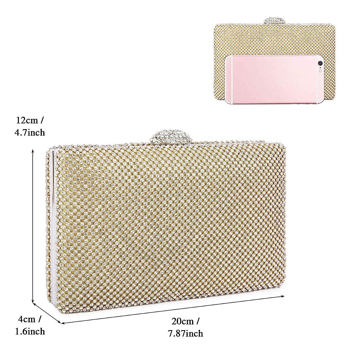 Pinprin Ladies Sparkly Rhinestones Evening Clutches Women's Crystal Diamante Evening Bag Prom Wedding Handbag Party Purse (Gold)