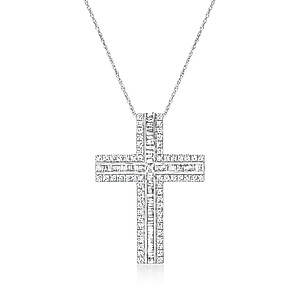 Ross-Simons 1.00 ct. t.w. Baguette and Round Diamond Cross Pendant Necklace in 14kt White Gold. 20 inches