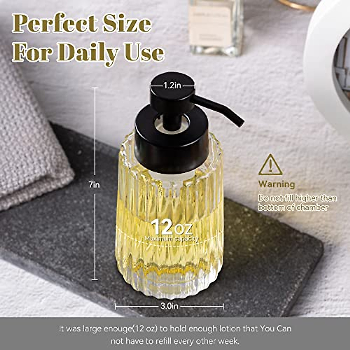 Easy Tang Glass Foaming Soap Dispenser with Black Pump, 12 OZ Vintage-Inspired Modern Glass Refillable Bottle for Bathroom Vanity Countertop and Kitchen