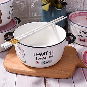 Whitenesser Microwave Ceramic Soup Bowl with Lid and Handles, Cute Cartoon Cat Cereal Bowl for Soup Instant Noodle (Pink)