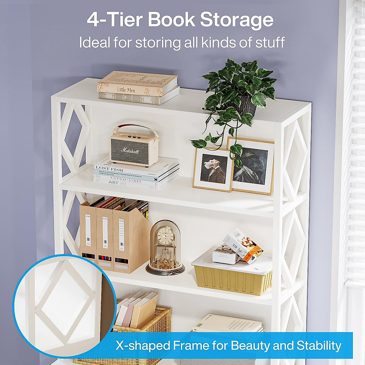 Tribesigns 4-Tier Bookshelf with 2 Drawers, 71" Tall White and Gold Bookshelf with Open Shelves & Drawer, Modern Bookcase Display Book Shelf Organizer for Bedroom, Living Room, Home Office