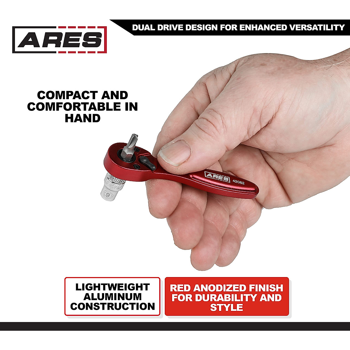 ARES 42062 – Dual Drive 1/4-Inch Drive and 1/4-Inch Bit 72-Tooth Micro Ratchet – 72-Tooth Fine Tooth Gear – Compact Size for Tight Spaces – Fits in Pocket