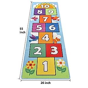 Hop and Count Hopscotch Rug, Kids Floor Play Area Rug Game Carpet Crawl Jump Mat, Children Numbers Learning Non-Slip Rug, Great for Ages 3 to 7 Boys Girls, Home Decor, 26''x55''