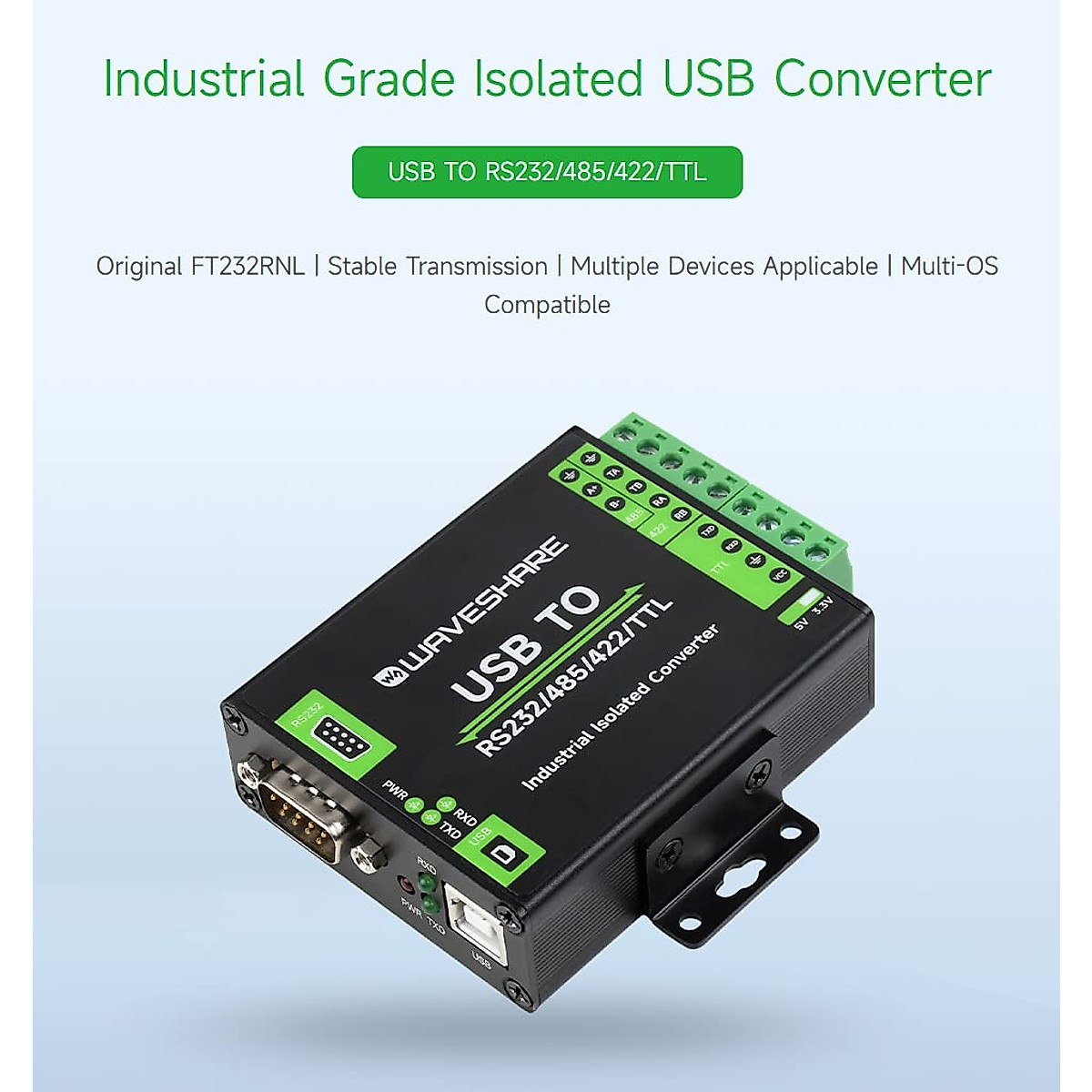 waveshare FT232RNL USB to RS232/485/422/TTL Interface Converter, Industrial Isolation