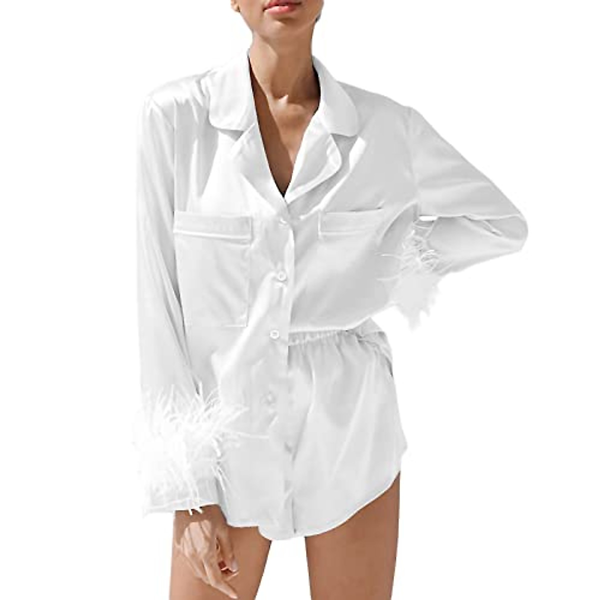Women 's 2 PCS Feather Silk Pajamas Set Long Sleeve Buttons Down Shirt Top Short Pants Sleepwear PJs (White, Small)