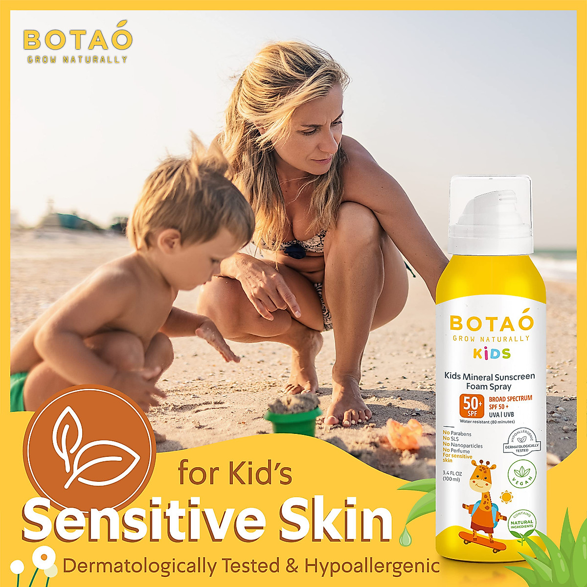 BOTAO Kid’s Mineral Zinc Oxide Sunscreen Foam Spray: SPF50 Broad Spectrum UVA UVB, Children or Kid’s for sensitive skin, Sunburn Protection, Zinc Oxide, 3.4 Oz (1-Pack)