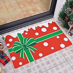 TRUEDAYS Christmas Red Bowknot Door Mat, Outdoor Indoor Welcome Rug Durable Bedroom Door Mats, Cute Cartoon Gift Box Snowflake Christmas Decorative Doormat with Non Slip Rubber Backing