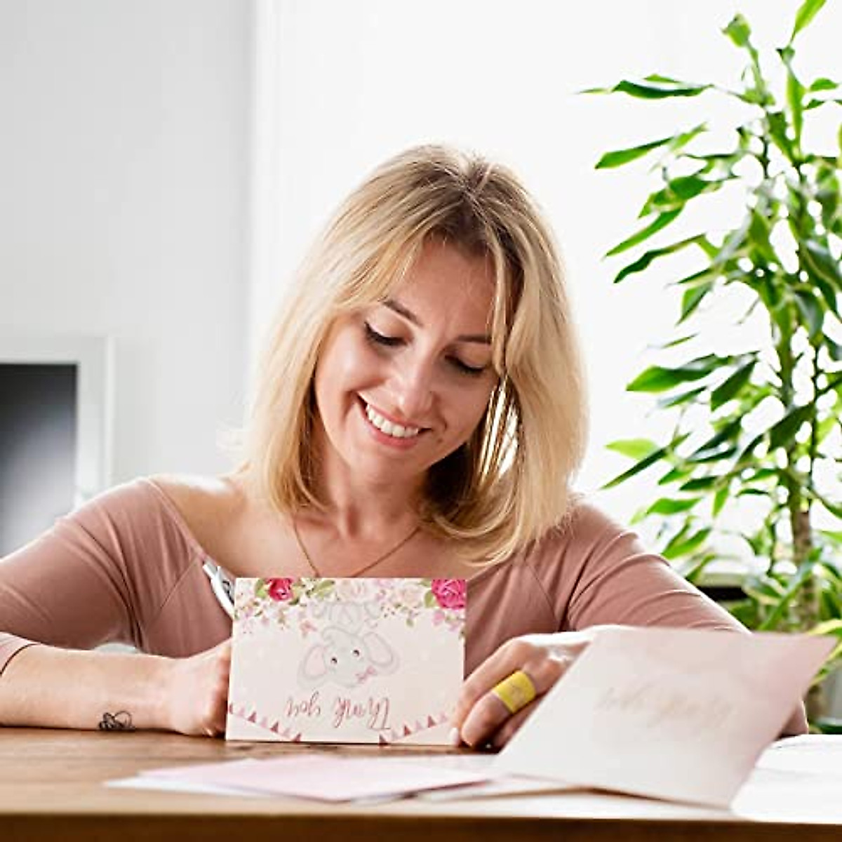 Baby Shower Thank You Cards - Set of 48 Cute Baby Thank You Cards with Envelopes and Stickers - Adorable 4x6 Small Blank Thank You Notes for Boy or Girl - Gold Floral and Pink Elephant Theme