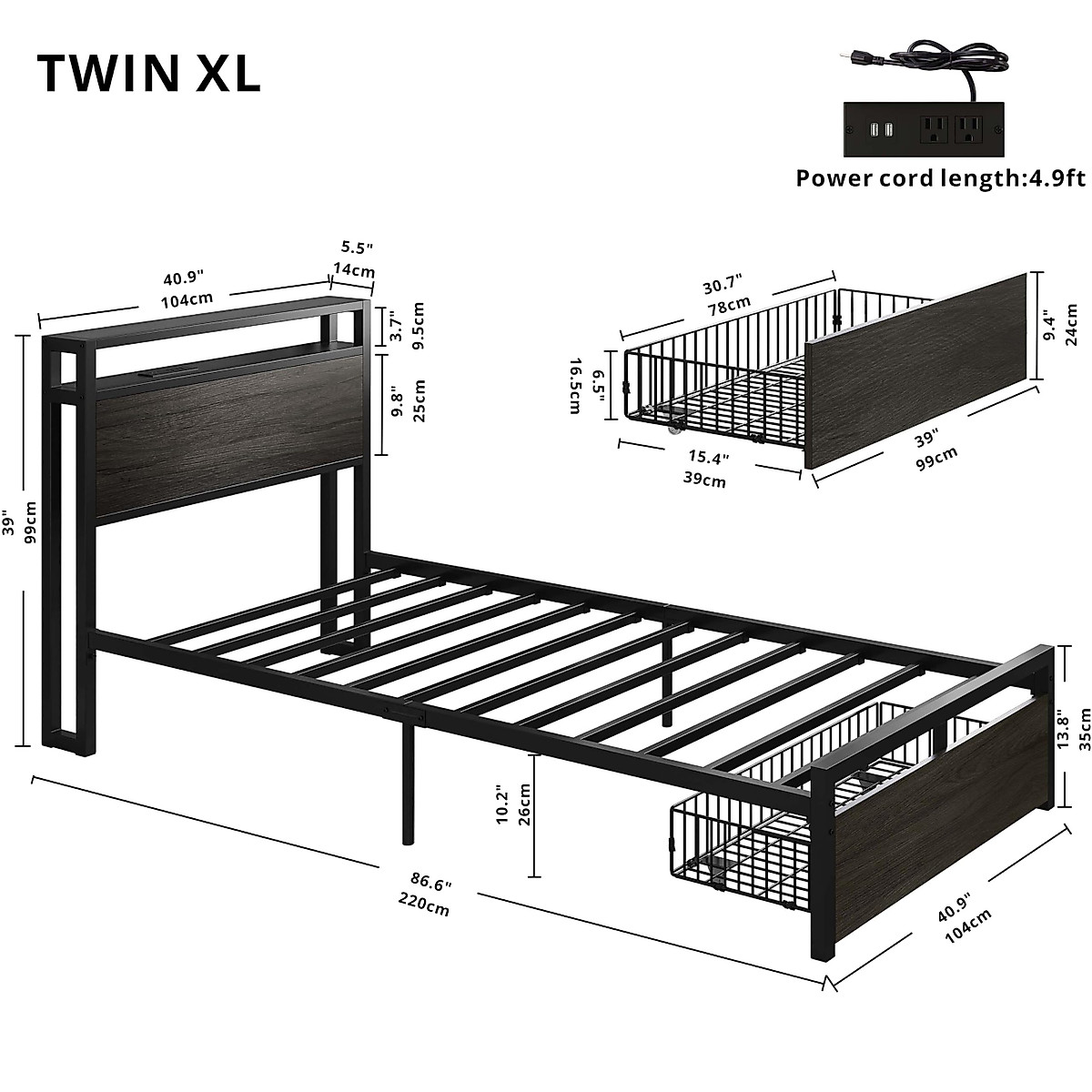 LIKIMIO Twin XL Bed Frames with Drawer, Storage Headboard with Outlets, No Box Spring Needed, Easy Assembly, Gray Black