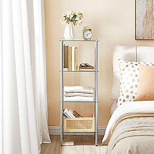 HOOBRO Glass Shelf, 4 Tier Standing Shelf Unit, Durable Glass Shelving Stand for Small Space, Space-Saving, for Bathroom, Bedroom, Home Office, Tempered Glass, Steel Frame, Silver SV04CJ01