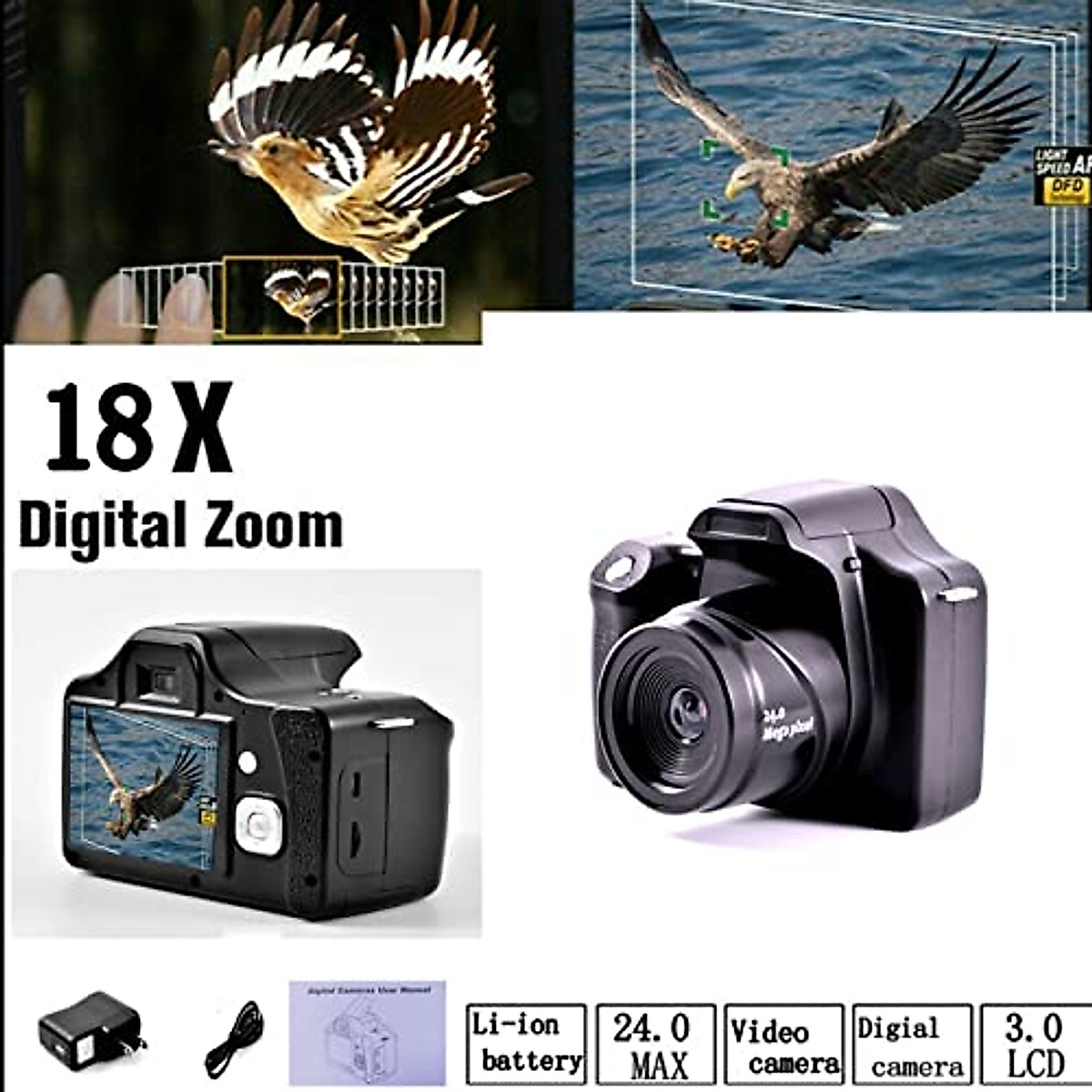 Digital Camera for Photography, Point and Shoot Camera Vlogging Camera, 2.4k Ultra HD Mini Digital Camera for Kids with 3" LCD 18x Digital Zoom, for Teens, Adult, Beginners (Black)