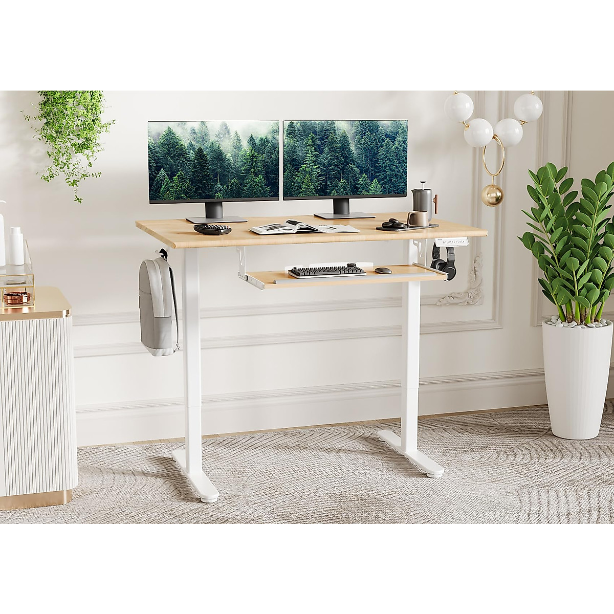 INNOVAR Electric Standing Desk, Solid Wood Adjustable Desk with Keyboard Tray, 48×24 Inch Stand up Home Office Desk with Whole-Piece Board, White Frame/Natural Top
