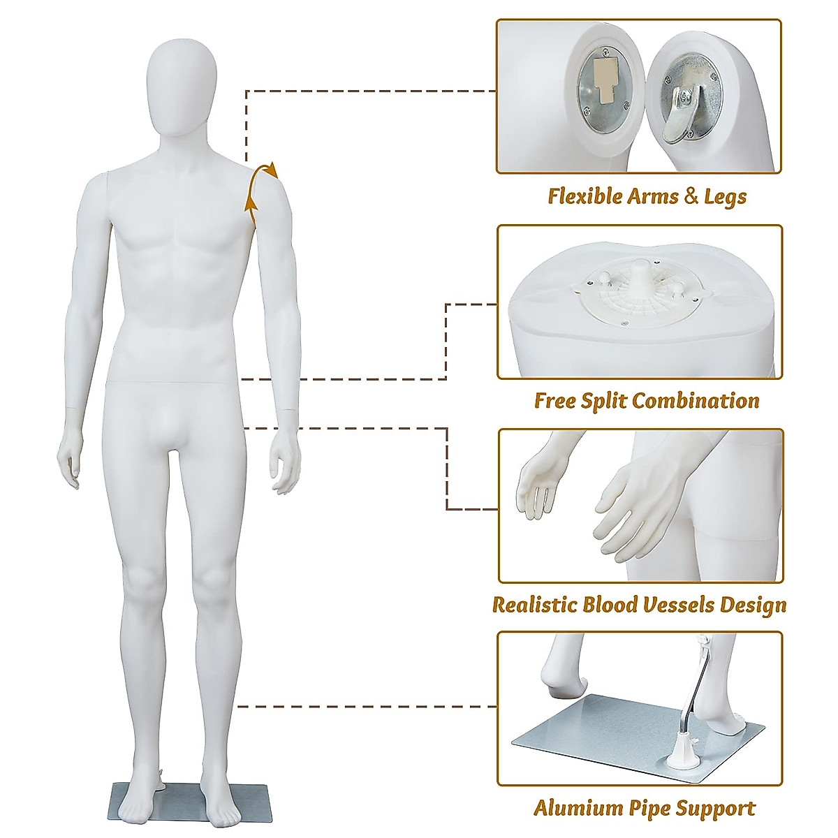 6Ft Male Mannequin Dress Form Display - Manikin Torso Stand Realistic Full Body Mannequin for Retail Clothing Shops, Halloween Christmas Cosplay, White