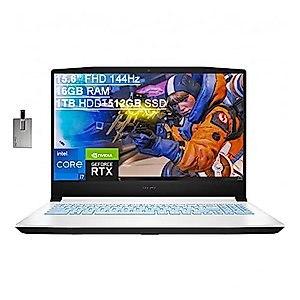 2022 MSI Sword Gaming 15.6" FHD 144Hz Laptop Computer, 11th Gen Intel Core i7-11800H, 16GB RAM, 1TB HDD+512GB PCIe SSD, Backlit Keyboard, GeForce RTX 3050 Ti, Win 10, White, w/ 32GB USB Business Card