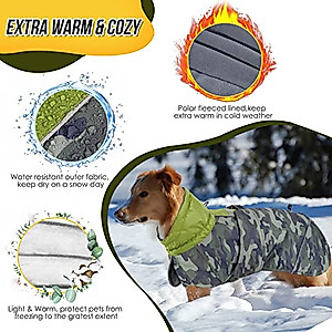 SlowTon Dog Winter Coat, Windproof 3 Layers Thick Warm Fleece Lining Dog Jacket for Cold Weather, Reflective Dog Apparel Dog Clothes with Leash Opening for Medium Large Dogs(Green Camo,L)