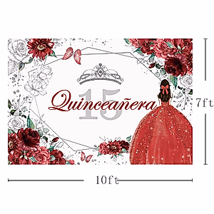 Sendy 10x7ft Quinceanera 15th Birthday Backdrop for Sweet Girl Mis Quince Anos 15th Birthday Party Decorations Red Silver Glitter Floral Crown Butterfly Banner Photography Background Cake Table Props