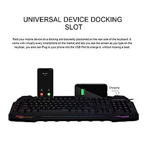 AIKUN Full Size Membrane Gaming Keyboard With 4 Macro Gaming keys,Voice Sensitive Rainbow Backlit,26 Anti-Ghosting Keys,Audio and USB Passthrough,Spill Resistant, Mobile Device Slot,Multimedia Control