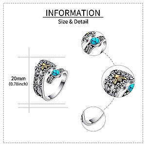 HUKKUN Spoon Ring Sterling Silver Chunky Gold Bee Rings for Women Adjustable Turquoise Ring