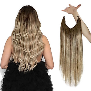 Tinashe Wire Hair Extensions Human Hair Invisible Clip in Hair Extensions Chocolate Brown to Ash Brown and Honey Blonde Secret Headband Wire in Hair Extensions Invisible Hair Wire 14Inch 80g