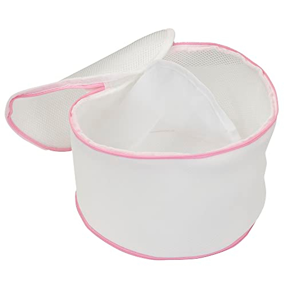 Household Essentials Bra Wash Bag, Large, Soft Polyester Mesh, Dual Zippered Compartments, Snag and Tangle Resistant, Contoured Design, Perfect for Expensive or Delicate Lingerie, White and Pink Trim