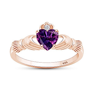 Jewel Zone US Heart Cut Simulated Amethyst & Cubic Zirconia Claddagh Ring In 14k Rose Gold Over Sterling Silver Jewelry Gift For Her Ring Size-12