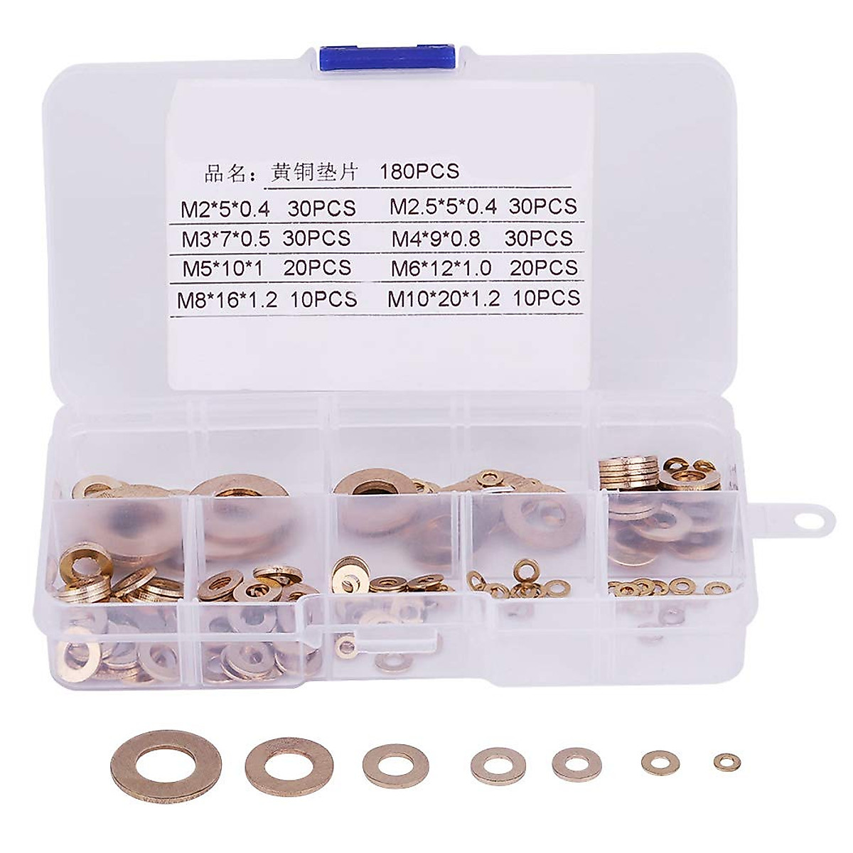 180Pcs Brass Flat Washer Assortment Set with Box M2/M2.5/M3/M4/M5/M6/M8/M10 Metal Washers