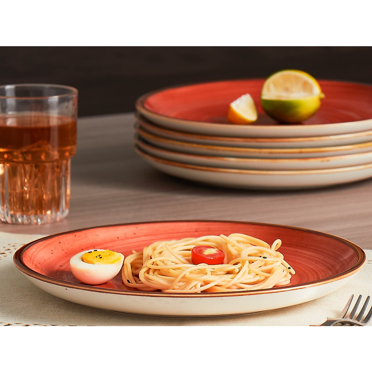 ONEMORE Dinner Plate, 10.5 Inch Porcelain Dinnerware Set/Oven, Dishwasher and Microwave Safe/Farmhouse Style/Stackable and Easy to Clean (Set of 6, Red)