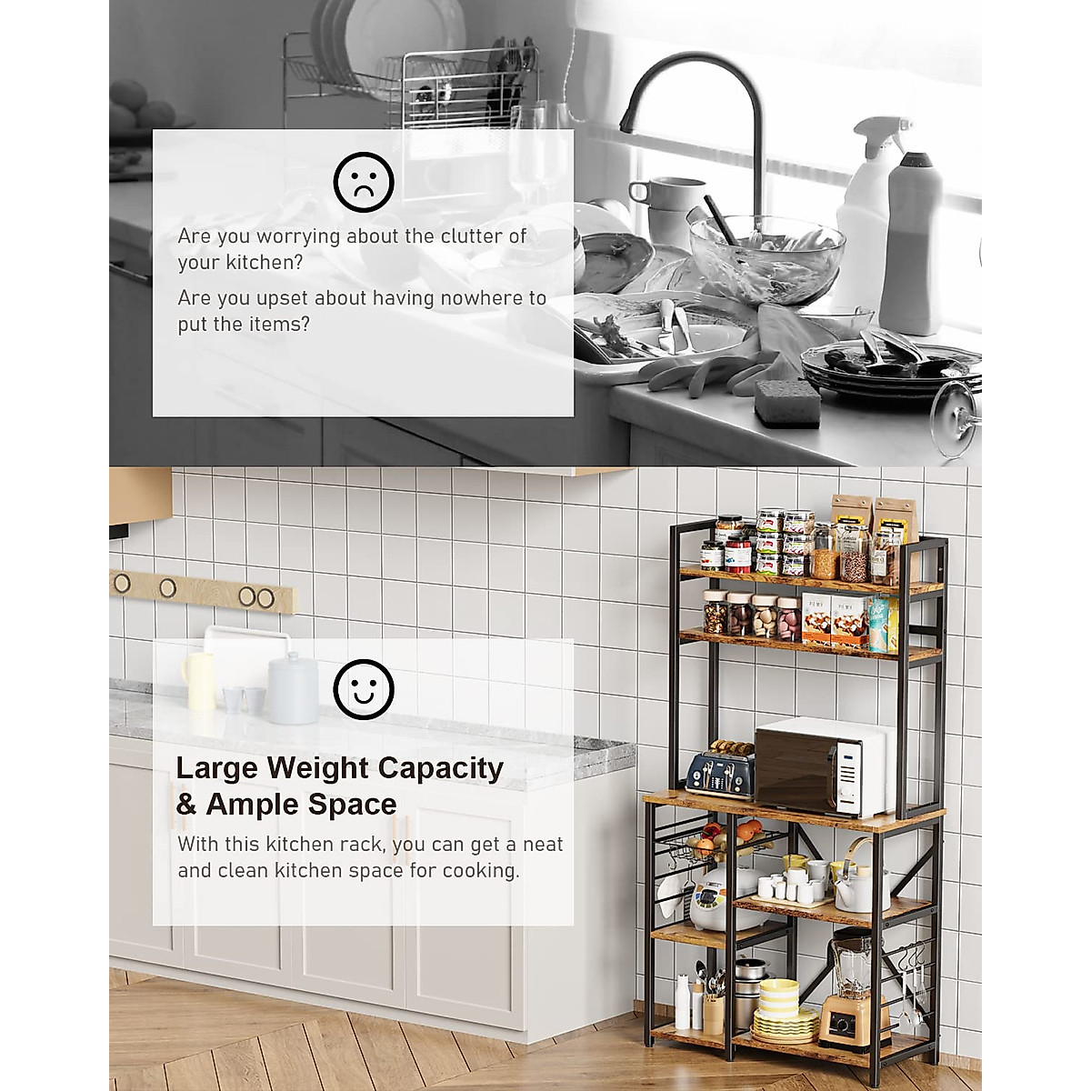 Gizoon Home Kitchen Baker's Rack with Spacious Storage, 5 Tier Versatile Microwave Stand Shelf with Basket & Side Hooks,Free Standing, Sturdy, Durable-Retro