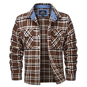 MAGCOMSEN Long Sleeve Flannel Shirt for Men Button Down Classic Plaid Shirts Lightweight Cotton Shirt Brown,XL