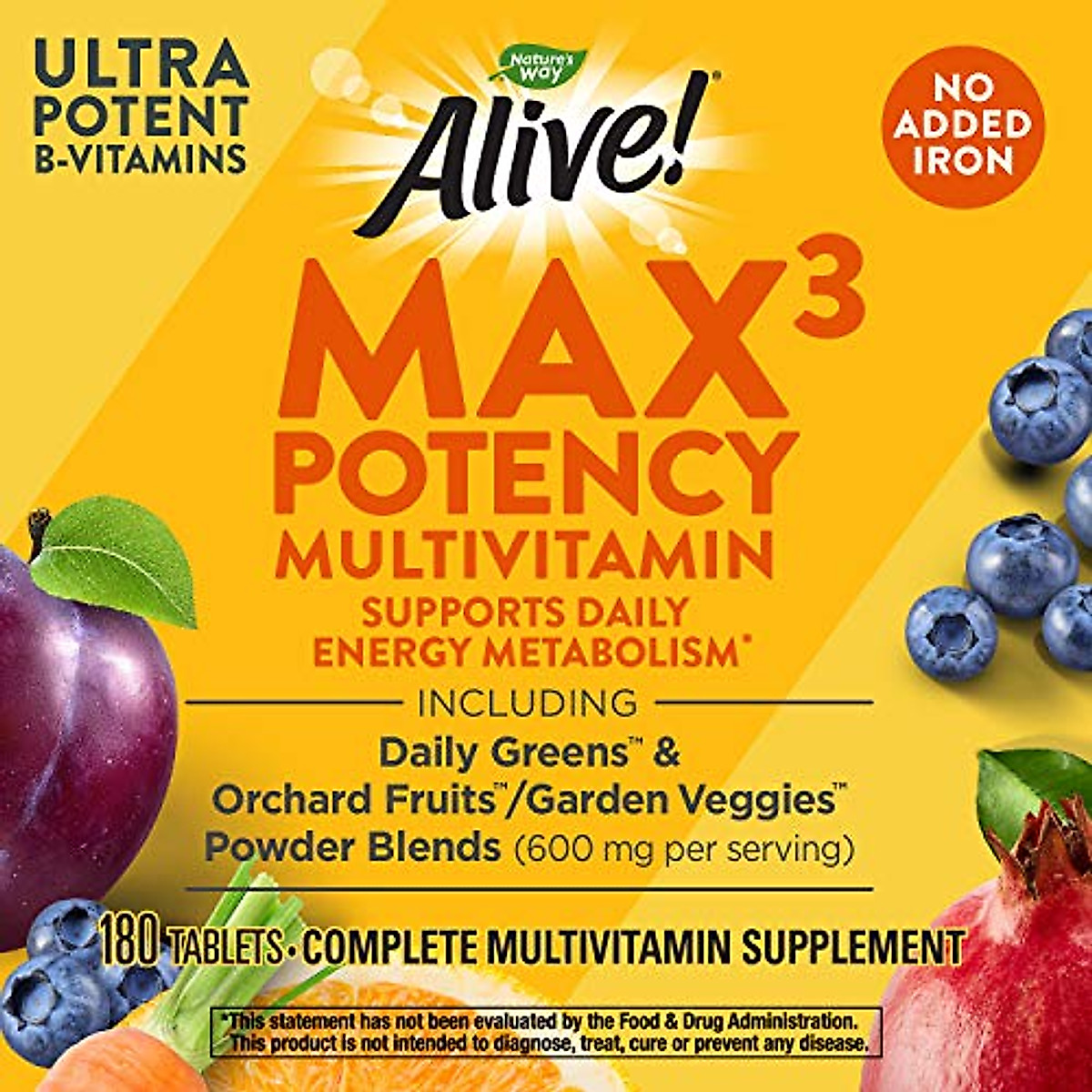 Nature's Way Alive! Max3 Potency Multivitamin, High Potency B-Vitamins, No Iron, 180 Tablets