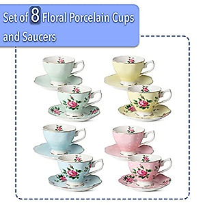 BTaT- Floral Tea Cups and Saucers, Set of 8 (8 oz) Multi-Color with Gold Trim and Gift Box, Coffee Cups, Floral Tea Cup Set, British Tea Cups, Porcelain Tea Set, Latte Cups