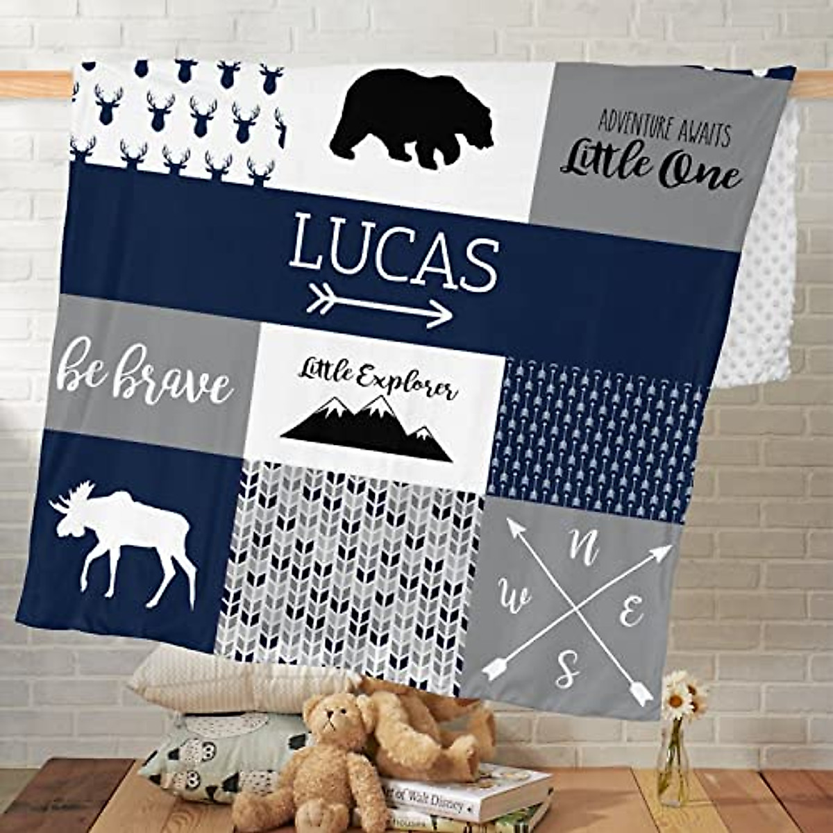 Personalized Baby Blanket for Boys - Custom Baby Blankets for Boys - Deer Baby Blanket- Woodland Nursery Décor - Baby Blankets for Boys Personalized (Blue Woodland)