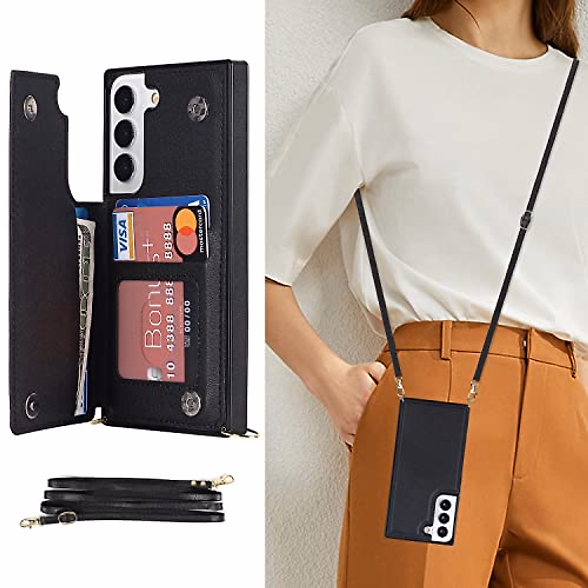 DEFBSC Compatible with Samsung Galaxy S21 FE Case, Crossbody Wallet Case, Adjustable Detachable Lanyard Neck Strap with Kickstand Leather Card Holder Protective Cover-Black