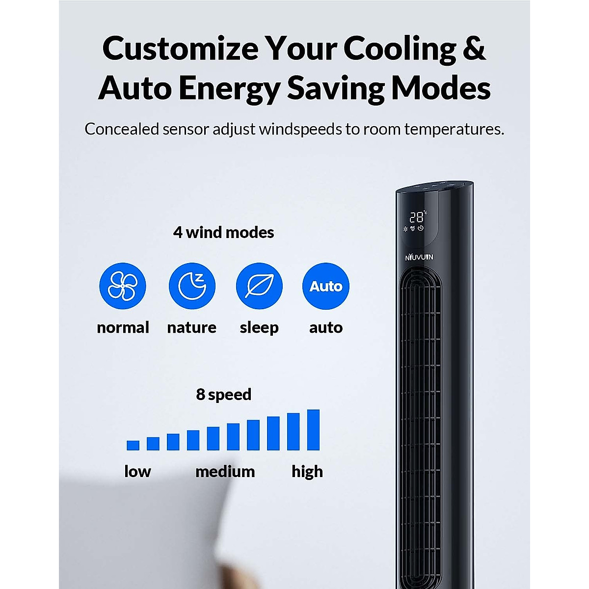 NIUVUIN Tower Fan, 45-Inch Oscillating Fan with Remote, 8 Speed Settings & 4 Modes, Bladeless Fans with Night Light, LED Display, 12 H Timer, Low Noise for Bedroom Living Room Home Office