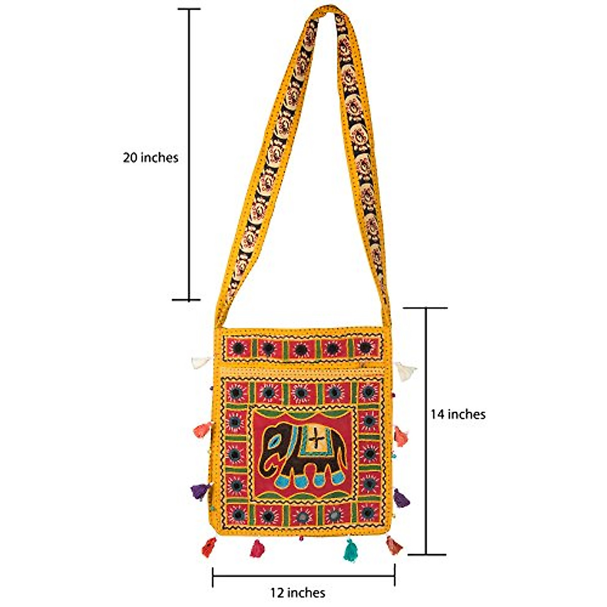 Tribe Azure Hobo Cross Body Elephant Messenger Shoulder Bag Mirror Embroidered Roomy Women Purse Tote Colorful Casual Everyday Hippie Boho (Mustard)