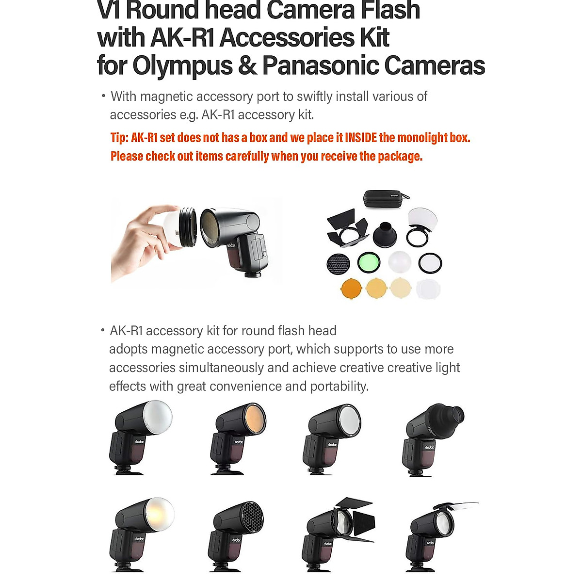 Godox V1-O TTL Flash Speedlite 76WS GN92 2.4G High-Speed Sync 1/8000s 2600mAh Li-ion Battery Round Head Camera Speedlight with Godox AK-R1 Accessories Kit Compatible for Olympus Panasonic Cameras