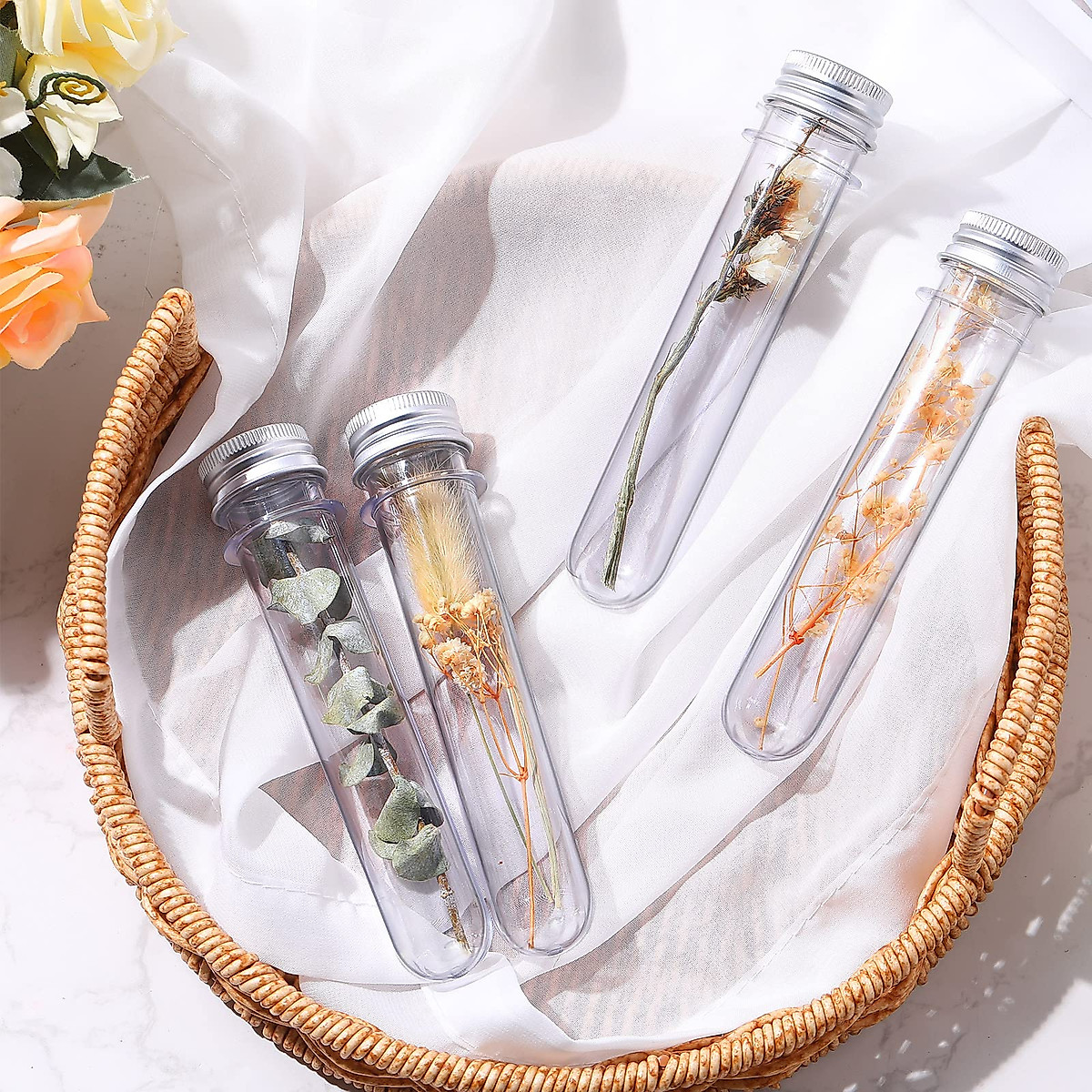 45ml Plastic Test Tubes Transparent Clear Bath Salt Tubes 25x140mm Cylindrical Aluminum Lid Plastic Vials for Candy Spice Dried Flower Storage Container Decor House Scientific Experiment (200 Pcs)