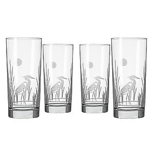 Rolf Glass Heron Highball Glass 15 ounce - Set of 4 Cooler Glasses – Lead-Free Glass - Engraved Drinking Glass with Heavy Base - Designed and Engraved in the USA