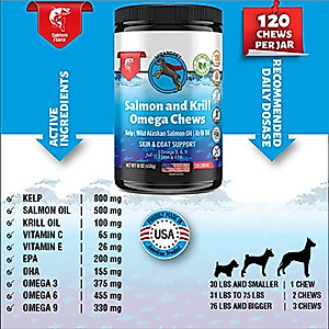 WIZARDPET Wild Alaskan Salmon & Krill Oil Chews for Dogs | 120 Soft Treats | Omega 3 6 9 Fish Supplement with EPA, DHA for Itch Free Skin Coat Joints | Allergy Relief | Reduce Hair Shedding | USA