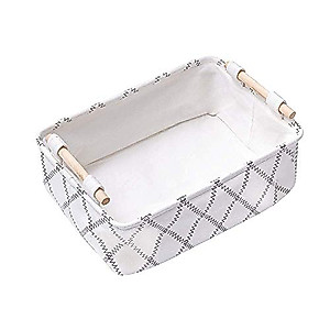 LUFOFOX Decorative Collapsible Rectangular Fabric Storage Bin Organizer Basket with Wooden Handles for Clothes Storage,12.6x8.7x4.7 inch,White